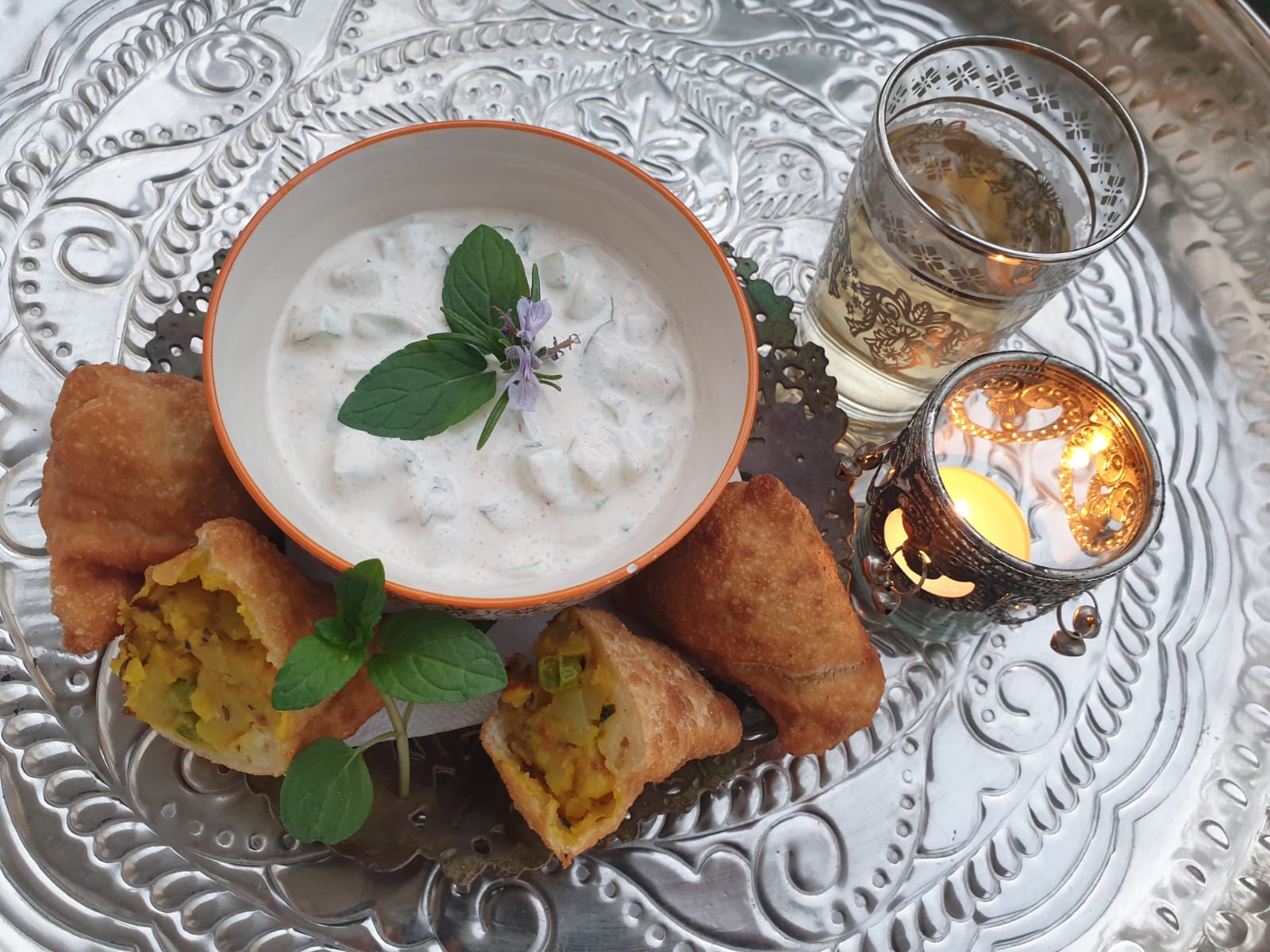 Indian Aloo Samosas with cucumber & mint raita - Two Around The World